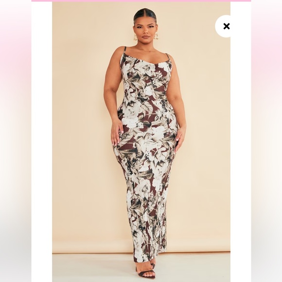 PrettyLittleThing | Dresses | New Plt Plus Brown Floral Printed Plisse Cowl Neck Maxi Dress ...
